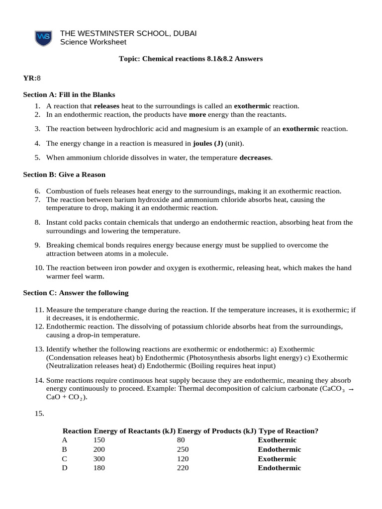 Exothermic ND Endothermic Reaction Answers | PDF | Chemical Reactions ...
