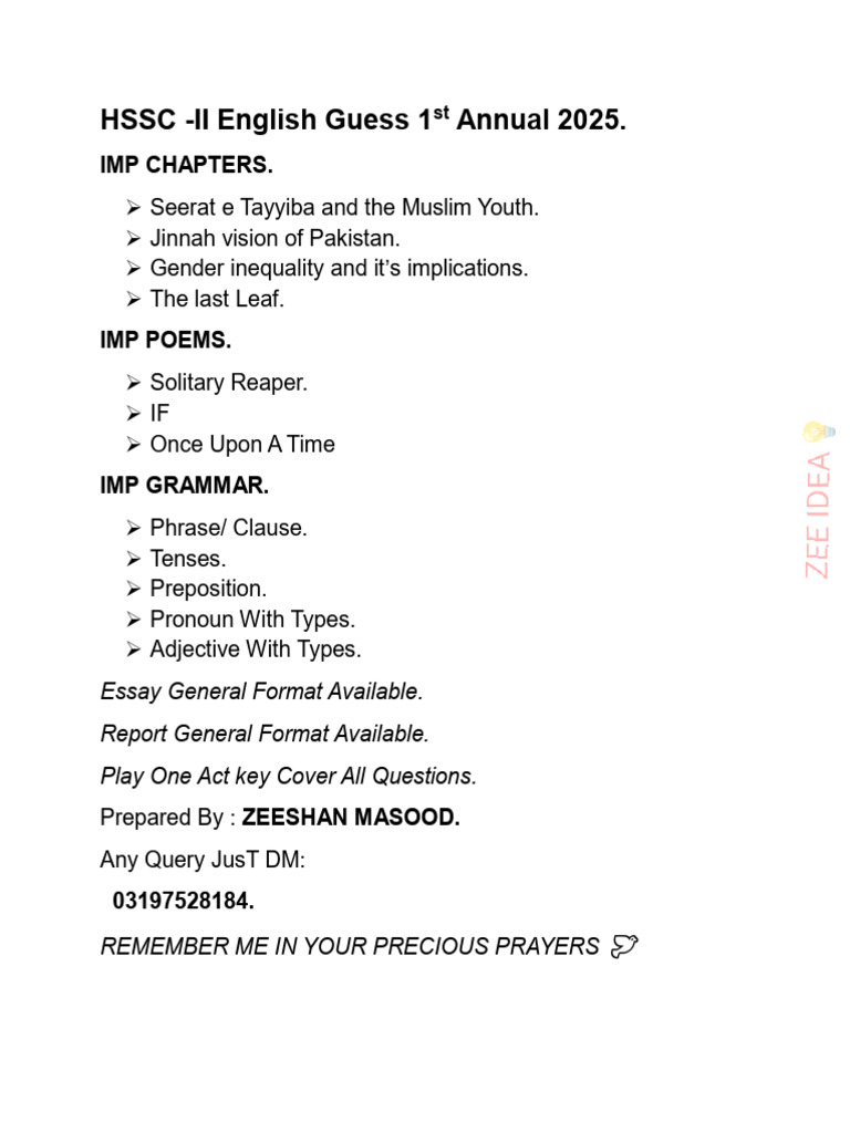 HSSC English Paper 2025 Guide | PDF