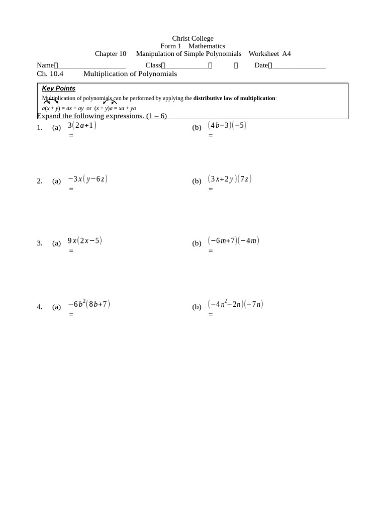 F1 - Manipulation of Simple Polynomials - A4 | PDF | Mathematics | Abstract Algebra