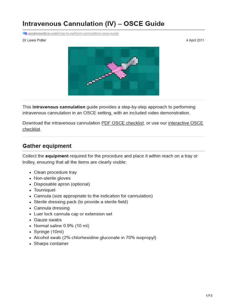 Intravenous Cannulation IV OSCE Guide | PDF | Intravenous Therapy | Arm