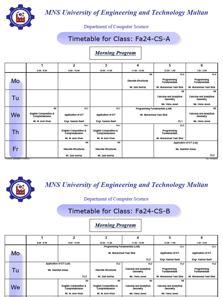 TimeTable BS (CS) Morning V2 W.E.F 9-9-24 | PDF | Mathematics