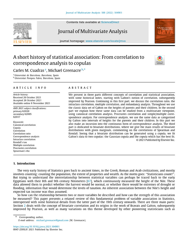 A Short History of Statistical Association From Correlation To Correspondance Analysis To ...