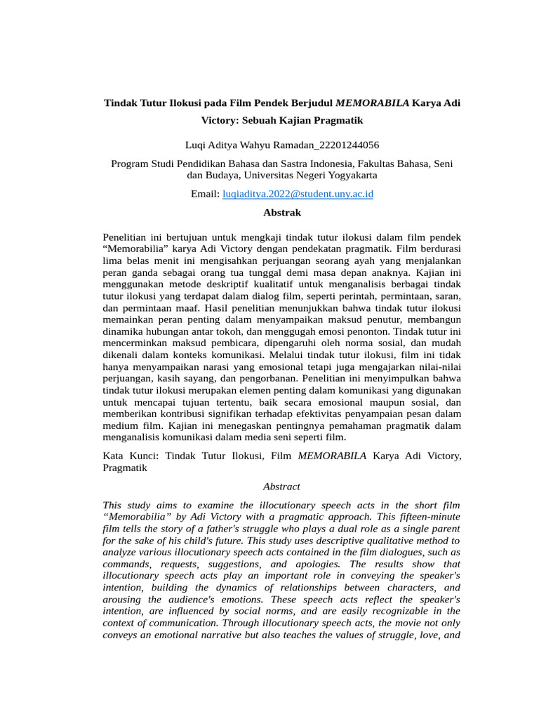 Tindak Tutur Ilokusi Pada Film Pendek Berjudul MEMORABILA Karya Adi ...