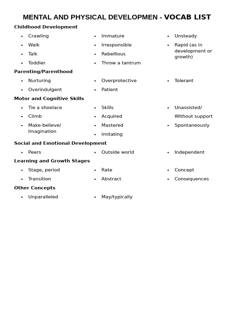 Mental and Physical Development - Vocab List | PDF