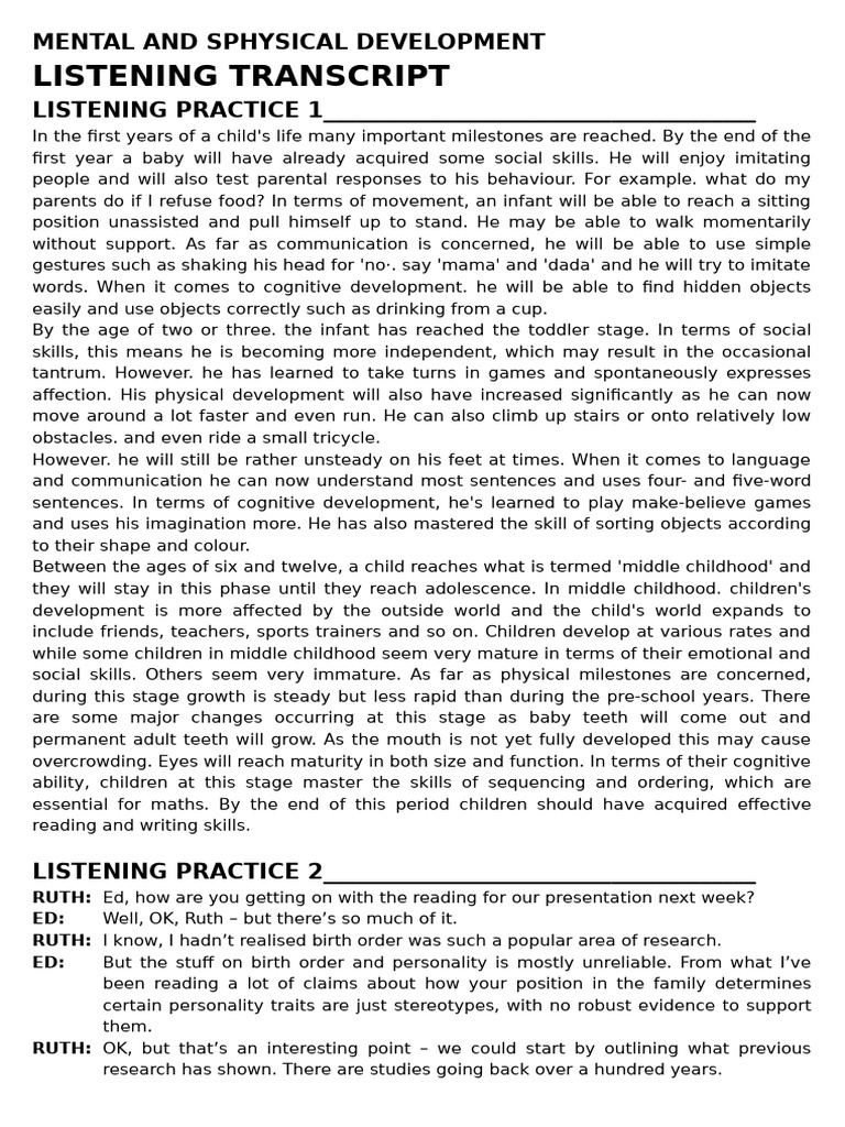 Mental and Physical Development - Listening Transcript | PDF | Sibling ...