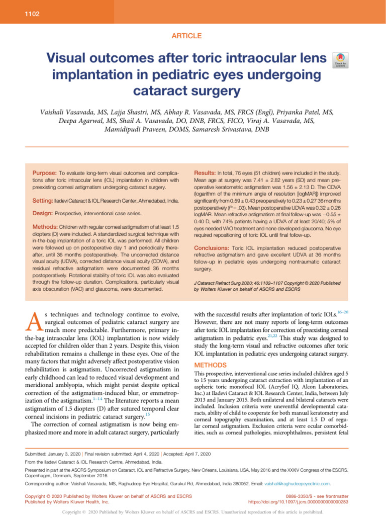 Visual Outcomes After Toric Intraocular Lens.6 | PDF | Facial Features ...