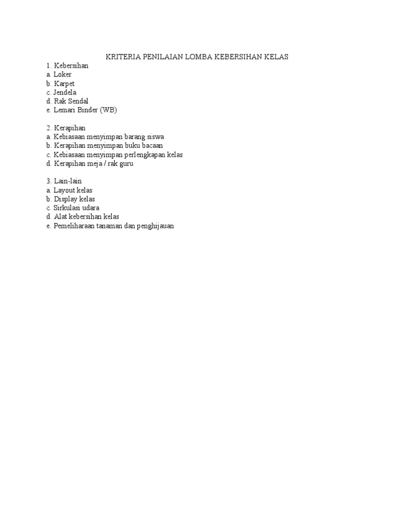 Kriteria Penilaian Lomba Kebersihan Kelas | PDF
