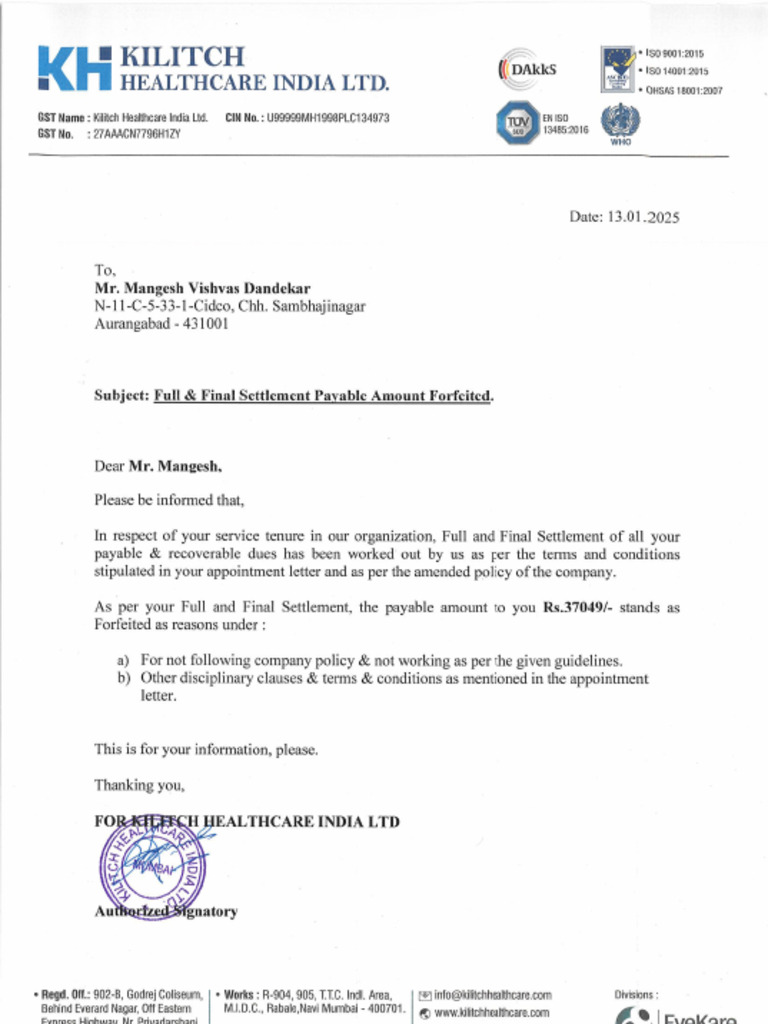 Mangesh Dandekar - Full & Final Settlement | PDF