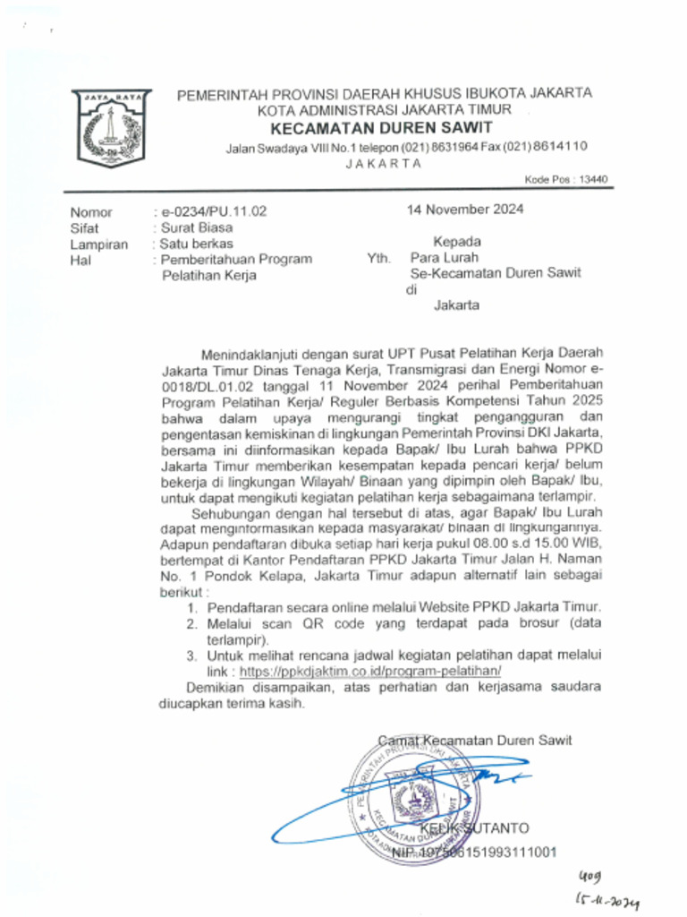 Surat Pemberitahuan Program Pelatihan Kerja | PDF