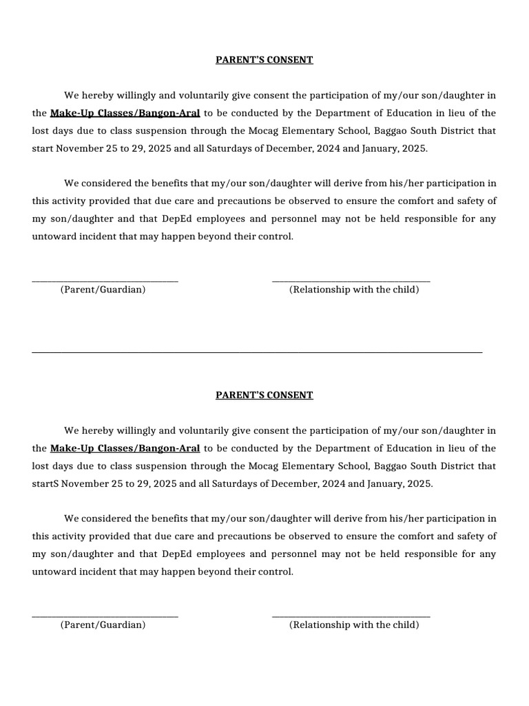 Parent Consent Bangon Aral | PDF