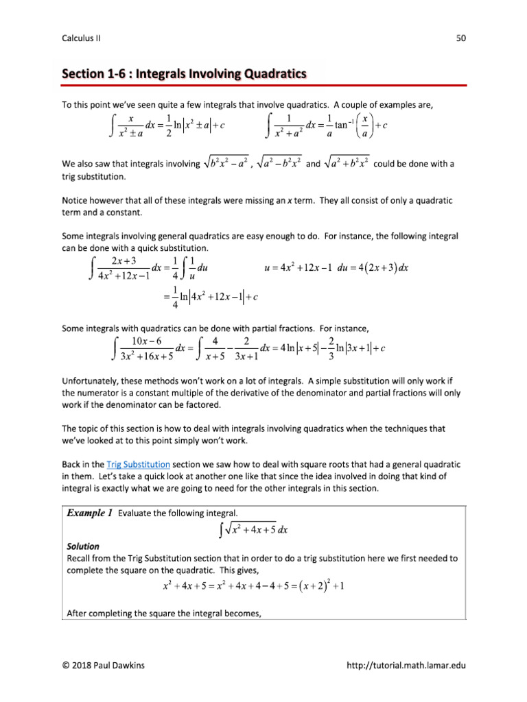 Integrals Involving Quadratics | PDF