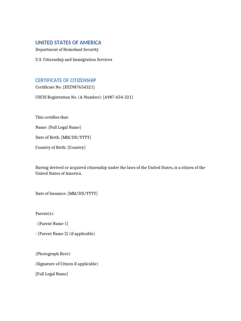 Certificate of Citizenship Example | PDF