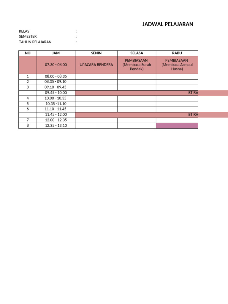 Format Jadwal Pelajaran | PDF