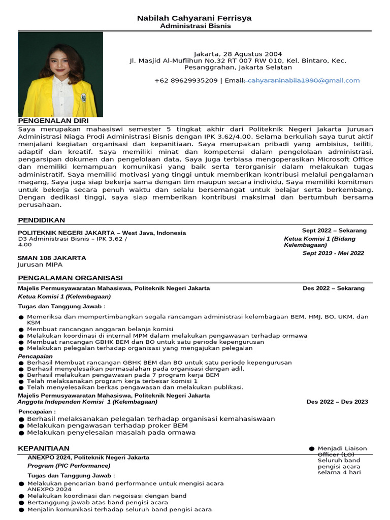 CV Nabilah Cahyarani Ferrisya | PDF