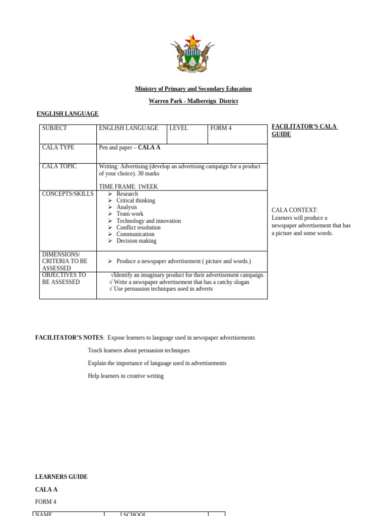 WarrenPark-Malbereign District - English Lang CALA A 2022 | PDF | Advertising | Learning