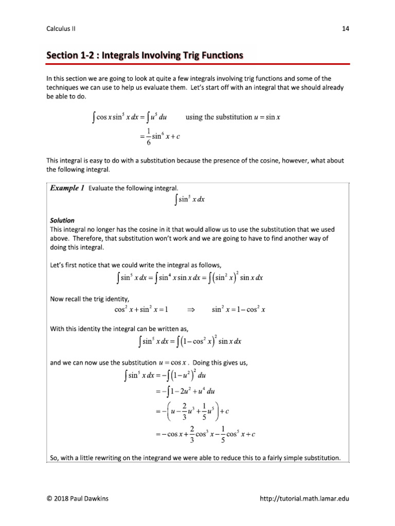 Integrals Involving Trig Functions | PDF