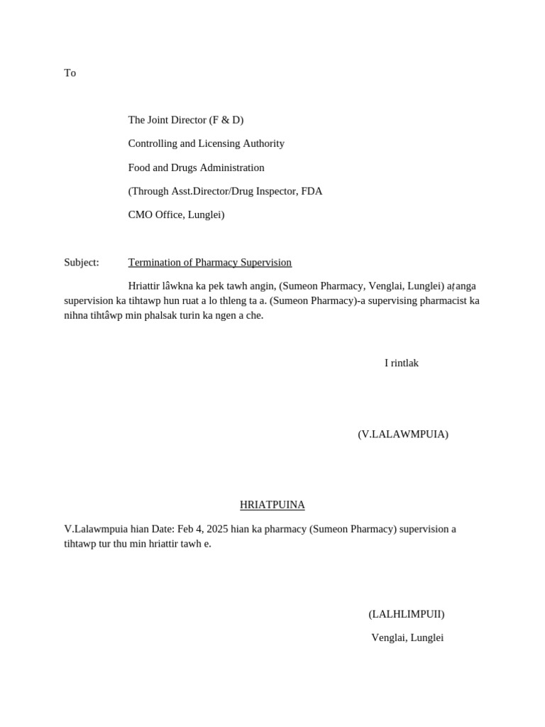 Termination of Pharmacy Supervision Notice | PDF
