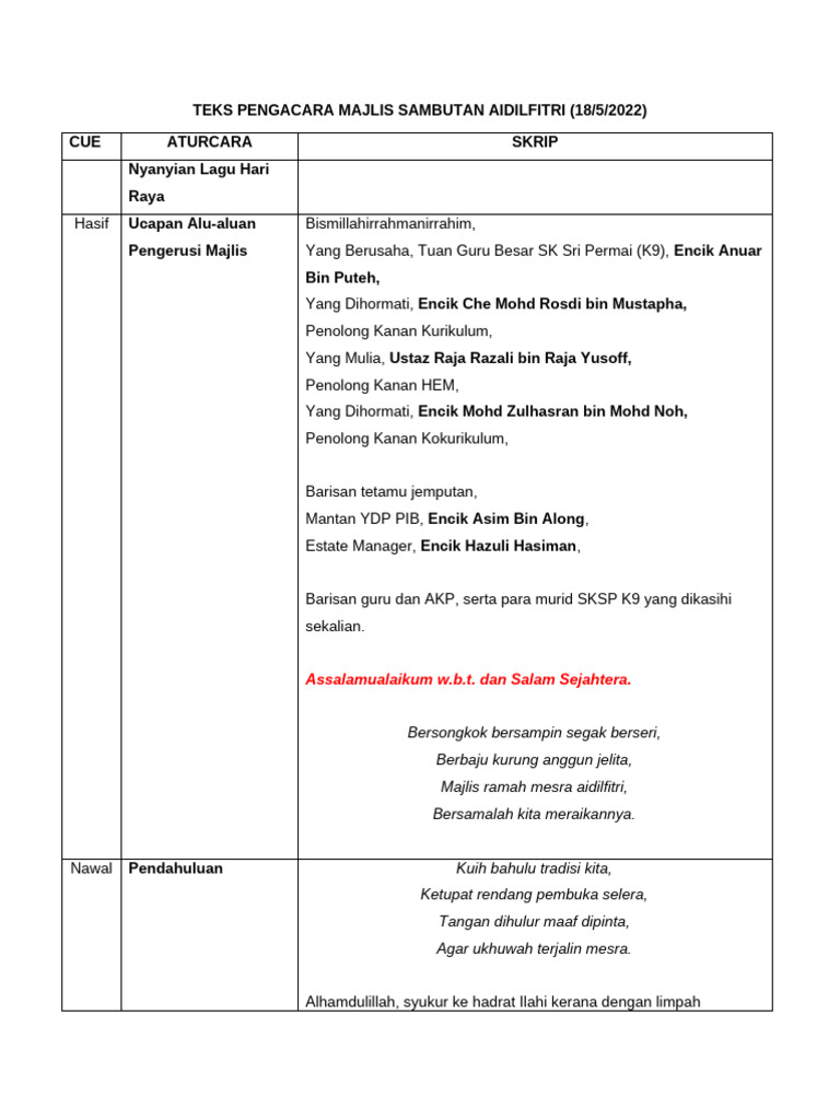 Skrip Emcee Majlis Sambutan Aidilfitri 2025 | PDF