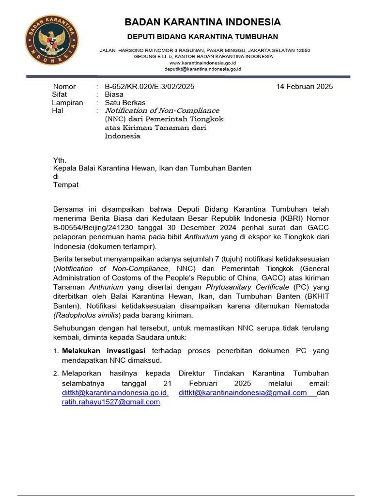 NNC Dari Pemerintah Tiongkok Atas Kiriman Tanaman Dari Indonesia | PDF