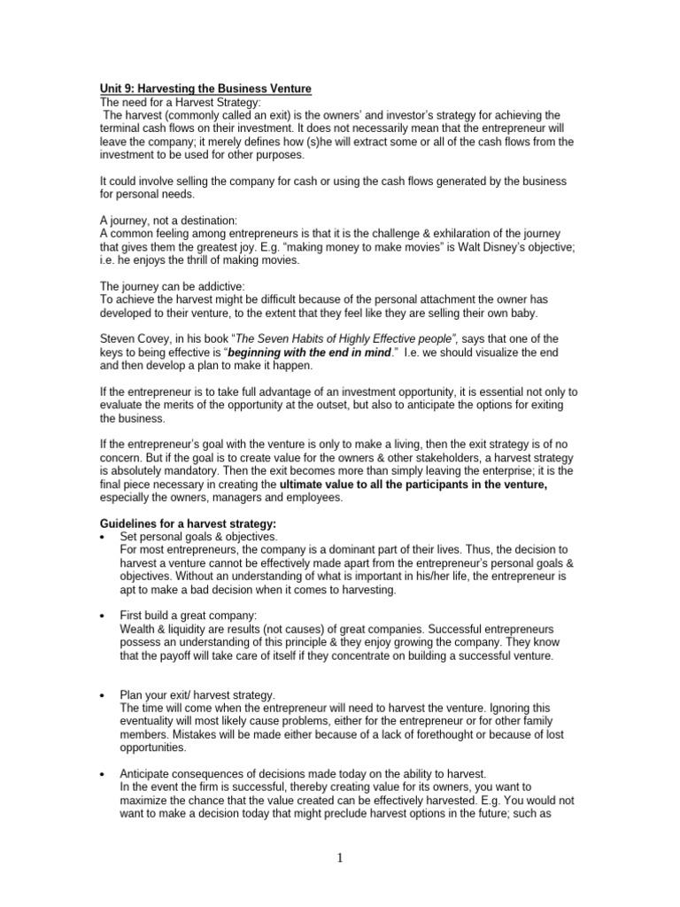 Harvest Strategy for Business Ventures | PDF | Stocks | Entrepreneurship