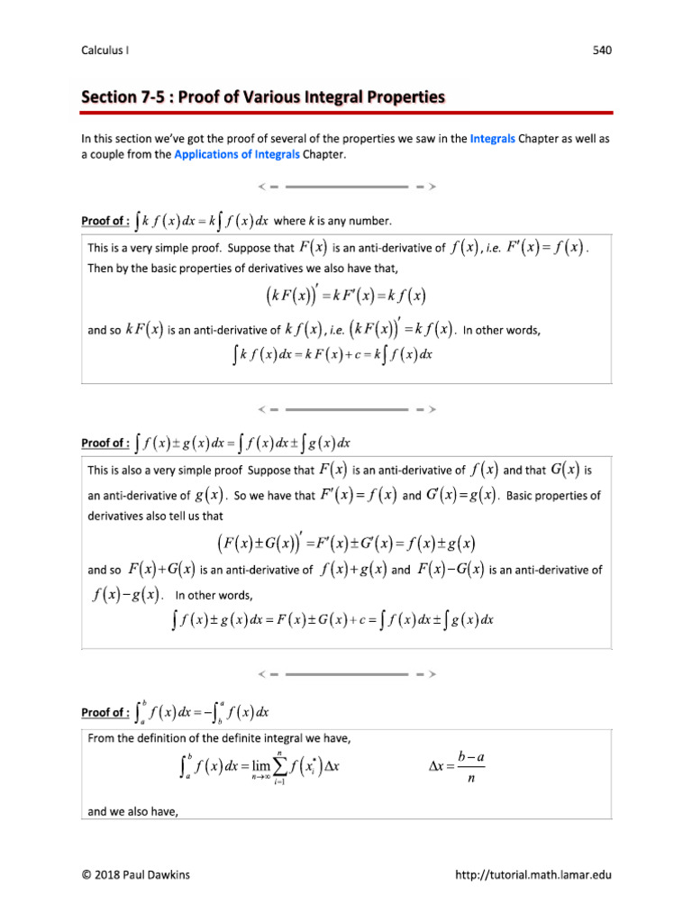 Proofs of Integral Properties | PDF