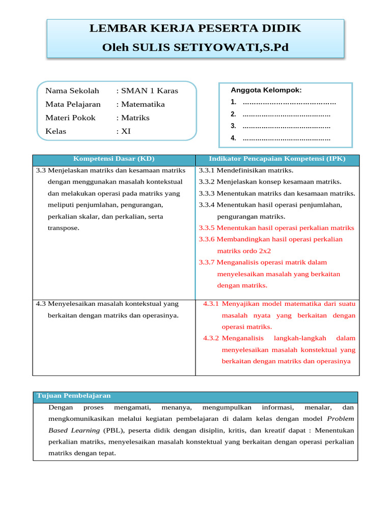 Operasi Perkalian Matriks dalam PBL | PDF
