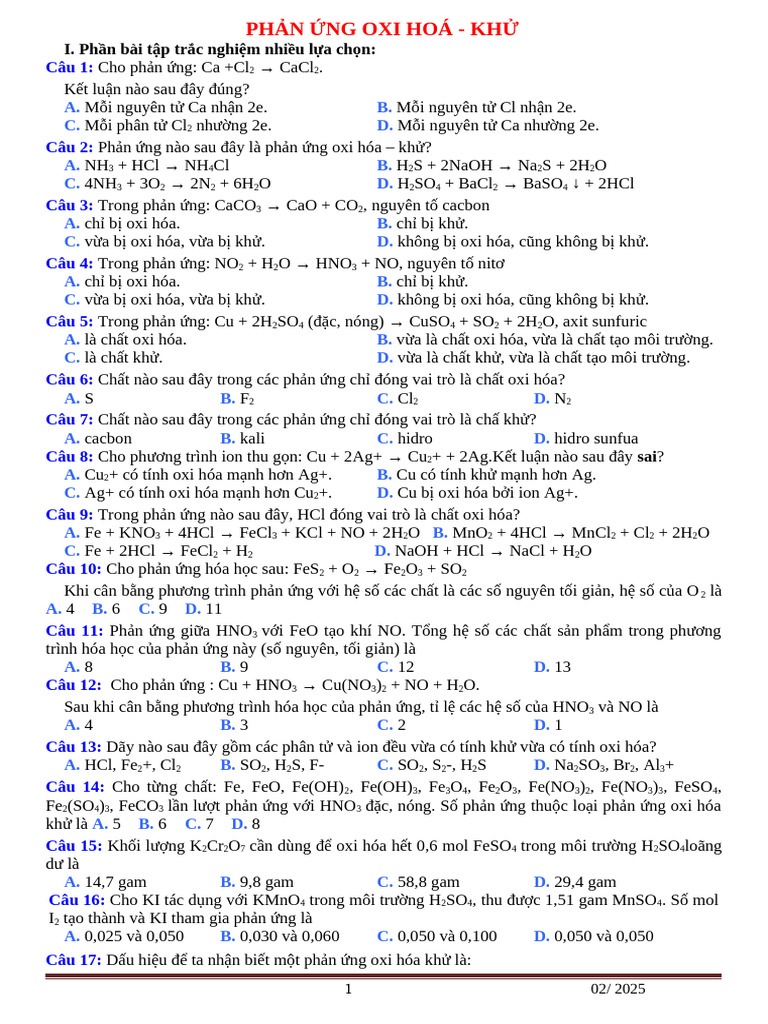 Bai Tap Phan Ung Oxi Hoa Khu | PDF