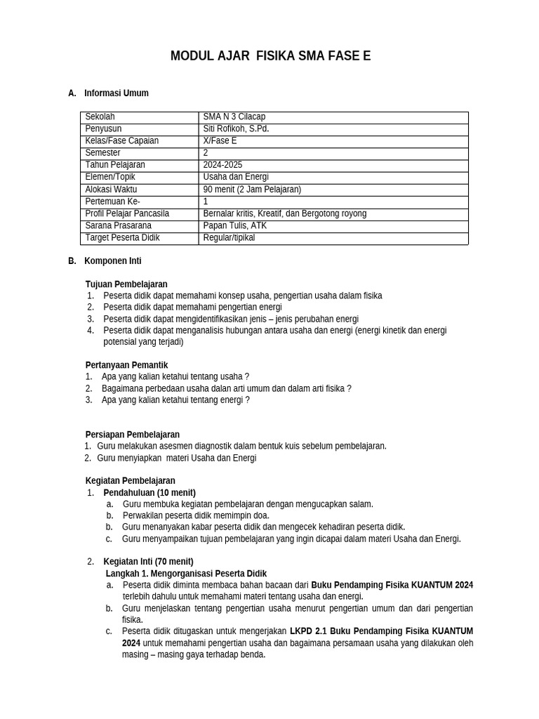 Modul Ajar Fisika: Usaha dan Energi | PDF