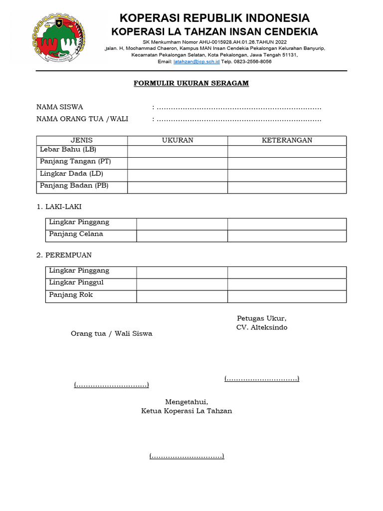 Form Ukuran Seragam | PDF