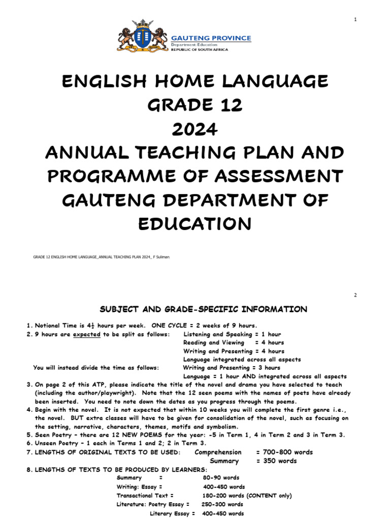 Grade 12 - English Home Language - Annual Teaching Plan 2024 - Gde ...
