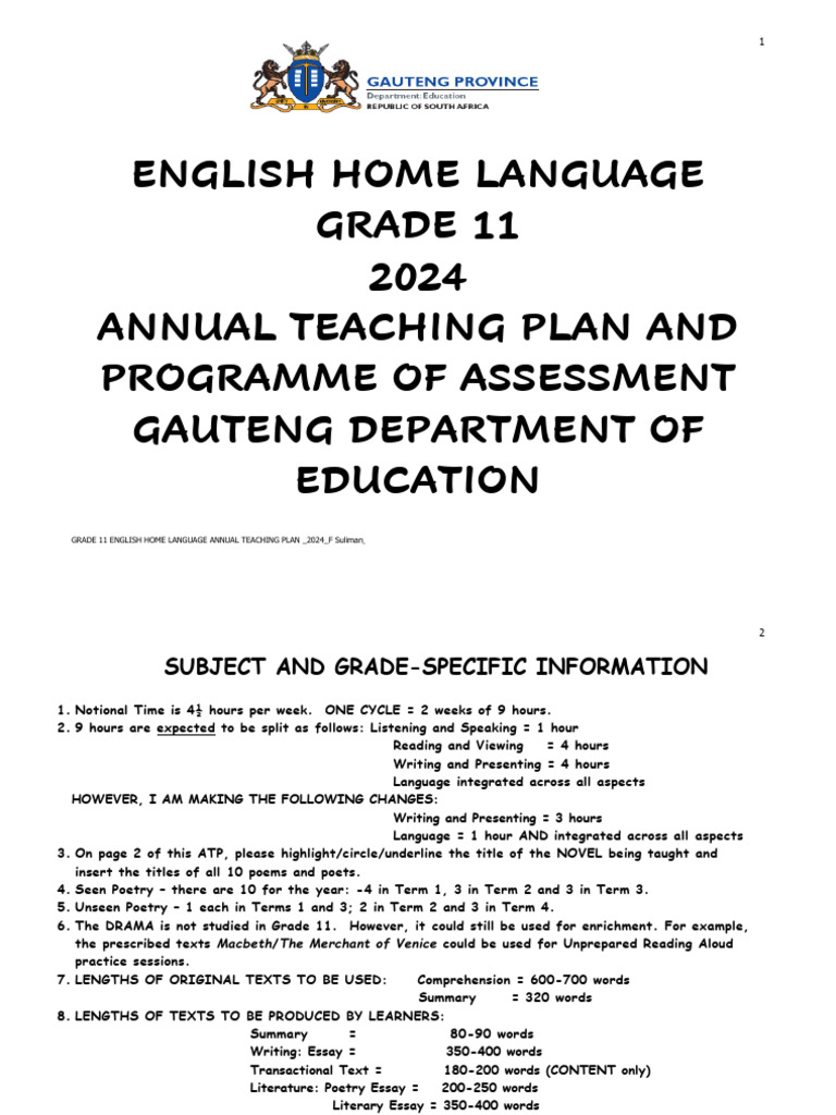 Grade 11 English Teaching Plan 2024 | PDF | Reading Comprehension | Essays