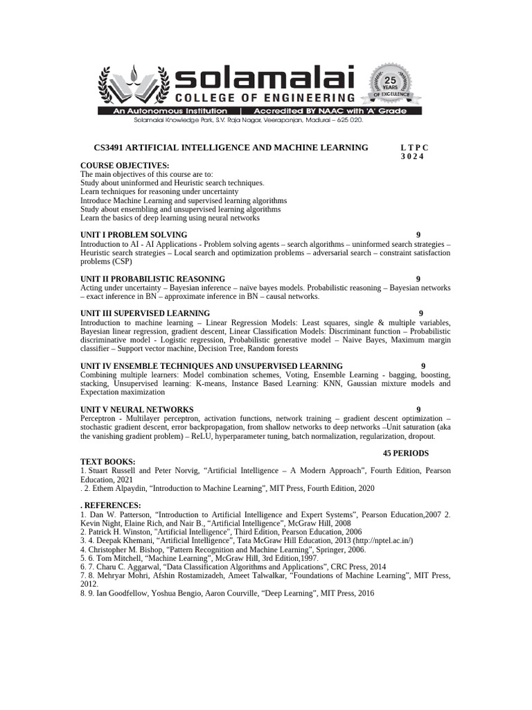 CS3491 ARTIFICIAL INTELLIGENCE AND MACHINE LEARNIN - Docx Syllabus | PDF | Machine Learning ...