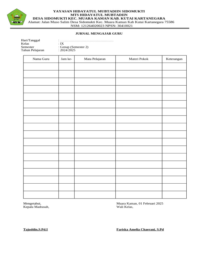 Jurnal Mengajar Guru Dan Absen Kelas 9 | PDF