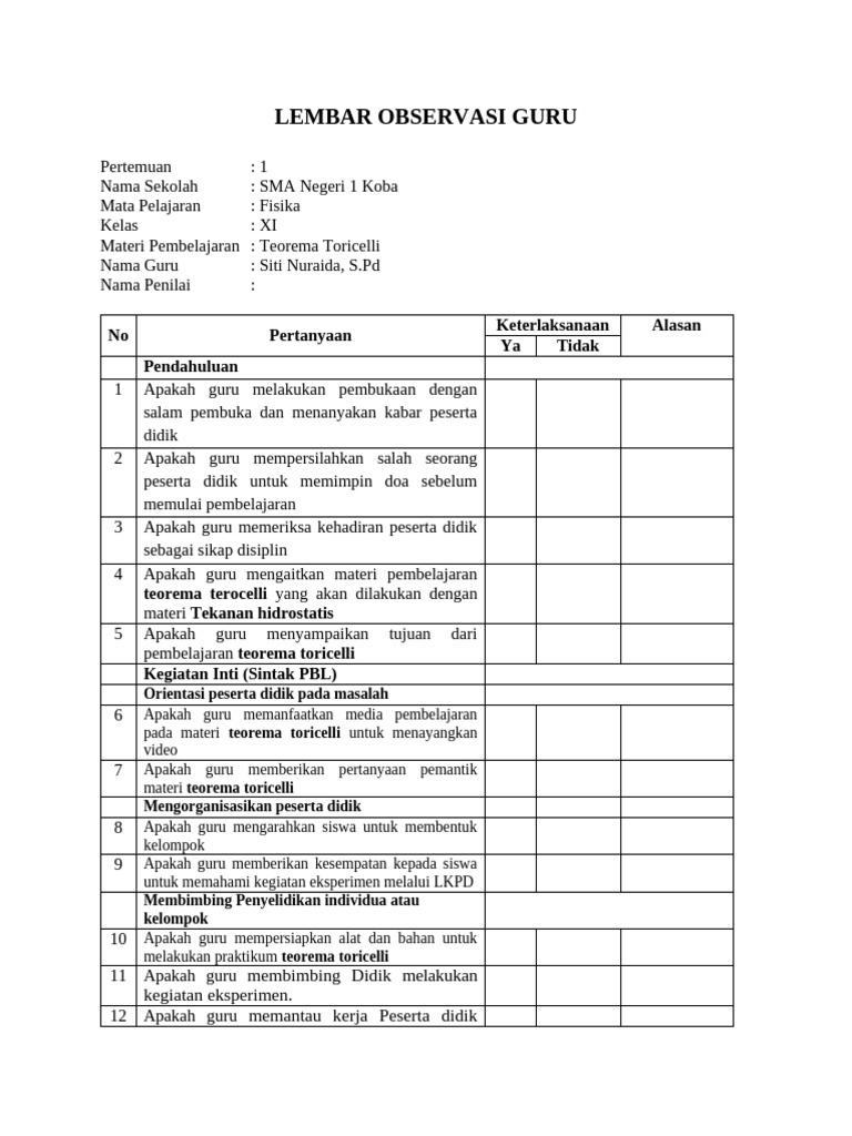 Lembar Observasi&Wawancara Guru Ppl 3 | PDF