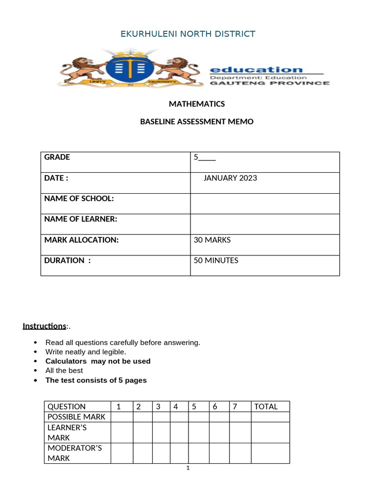 Grade 5 Mathematics Baseline Assessment | PDF | Multiple Choice
