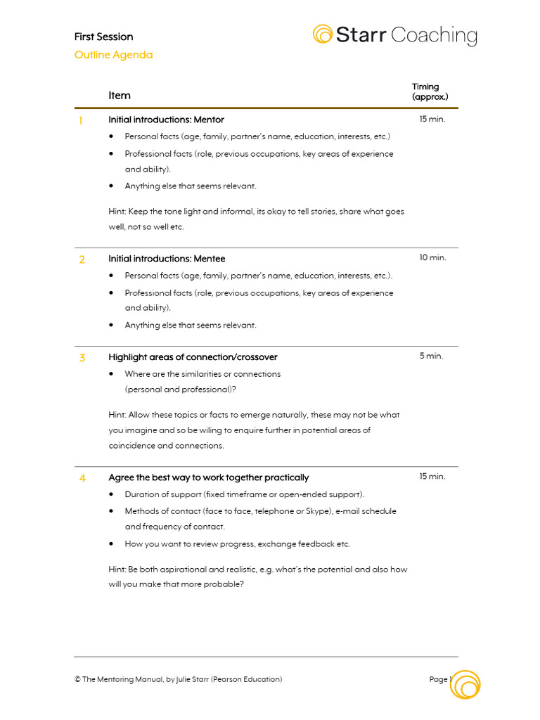 First Session Outline Agenda | PDF | Mentorship | Social Psychology