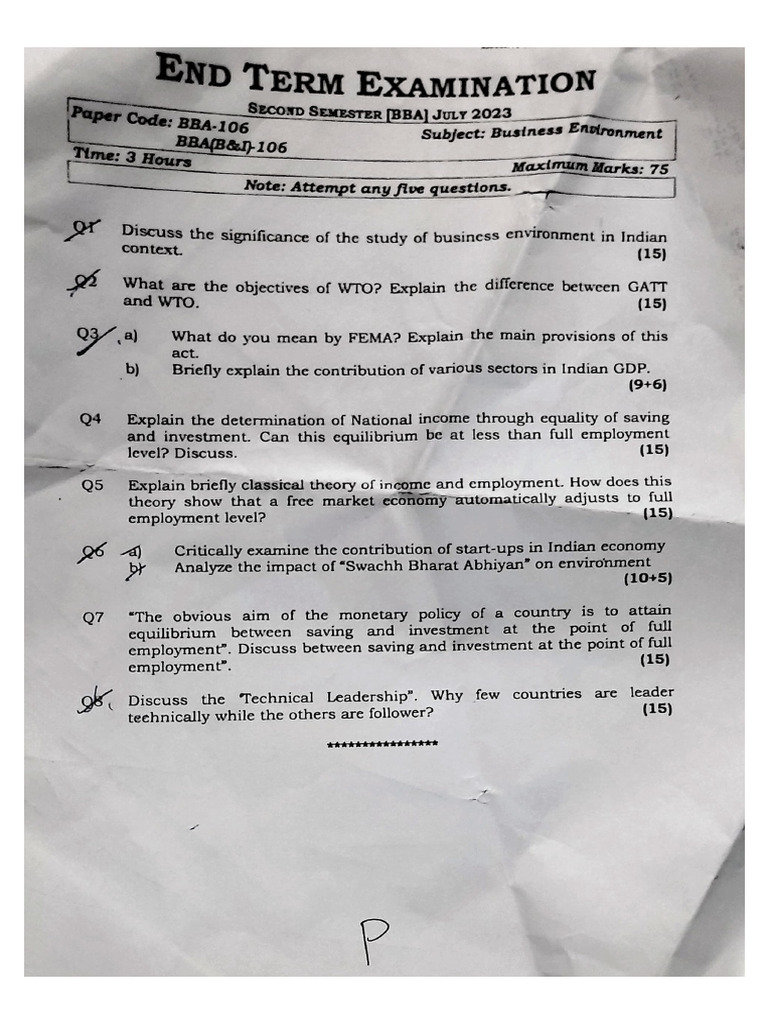 Business Environment Exam Questions BBA 2023 | PDF