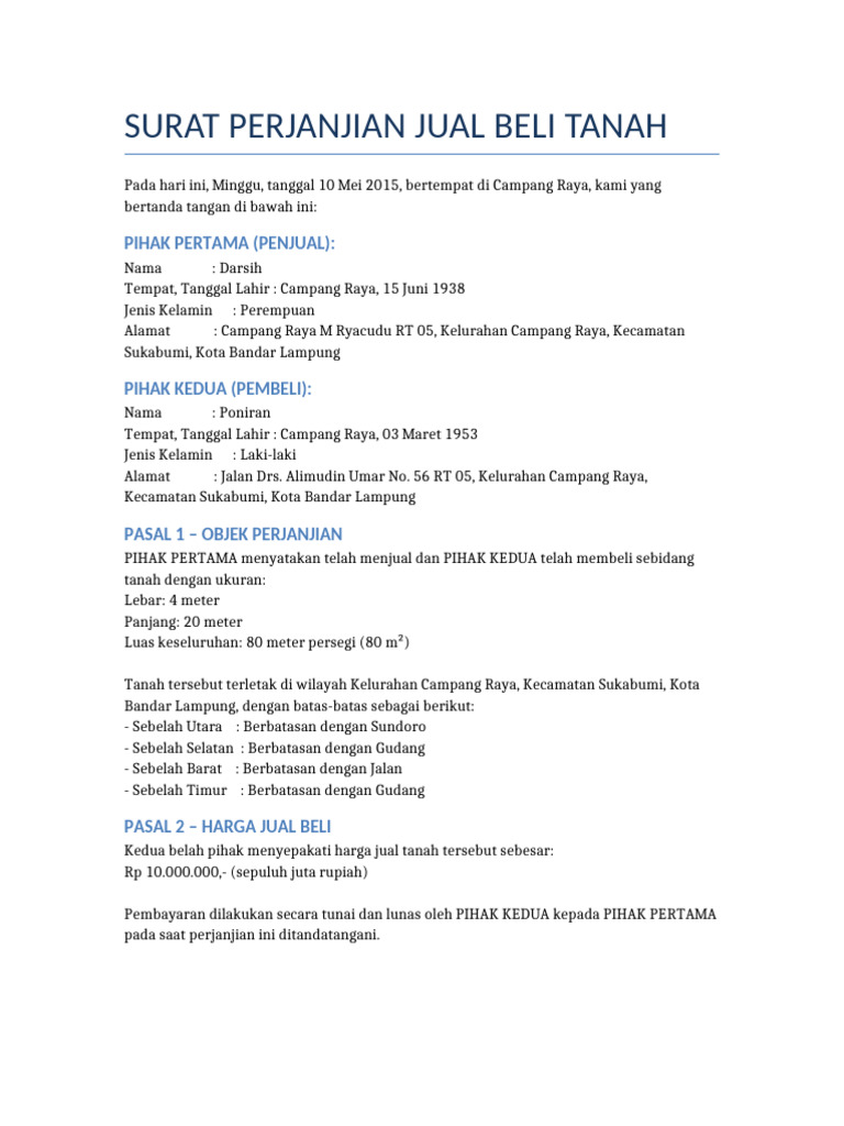 Surat Penjualan Tanah Darsih Poniran | PDF