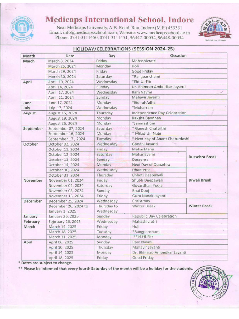 List of Holidays 2425 | PDF
