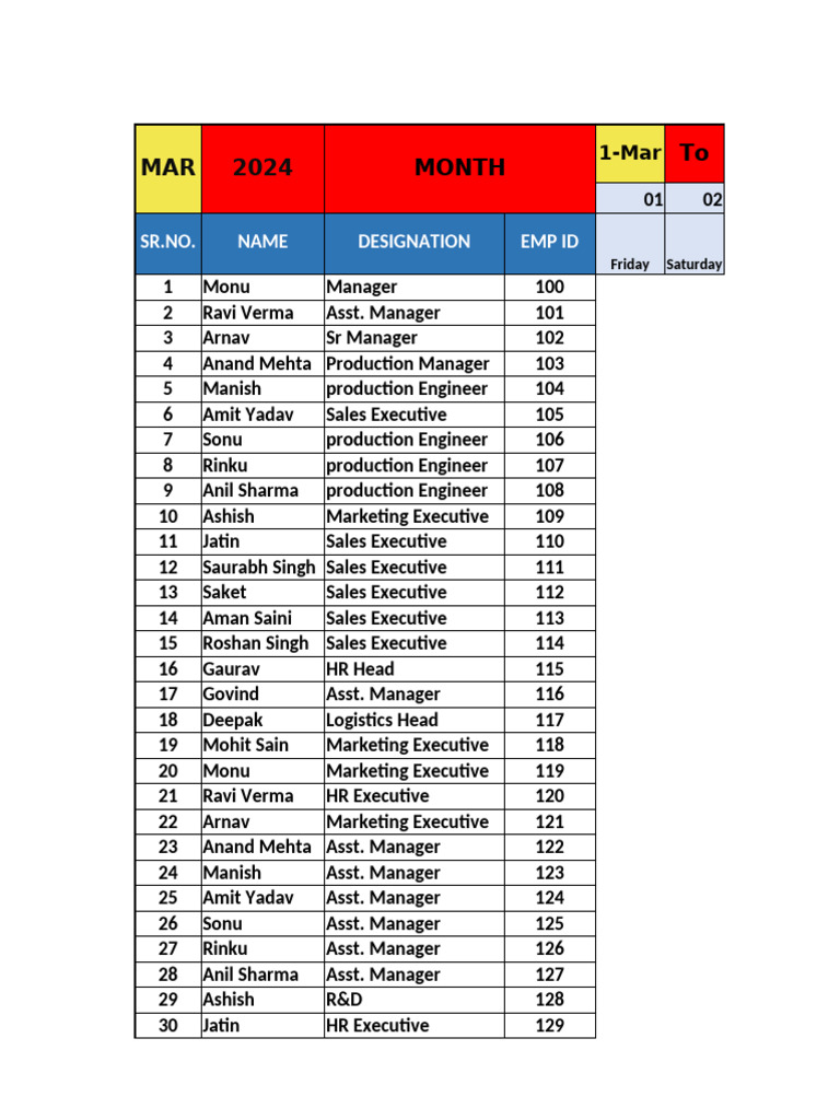 March 2024 Employee Attendance Sheet | PDF