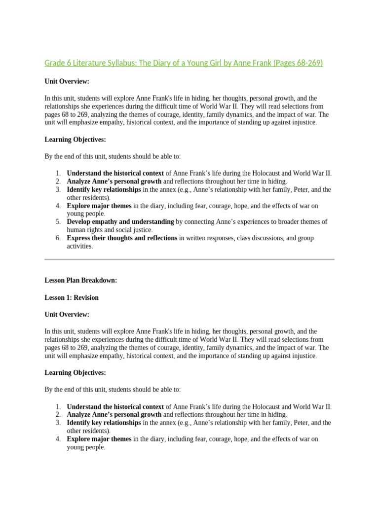 Grade 6 Literature Syllabus | PDF | Anne Frank | Fear