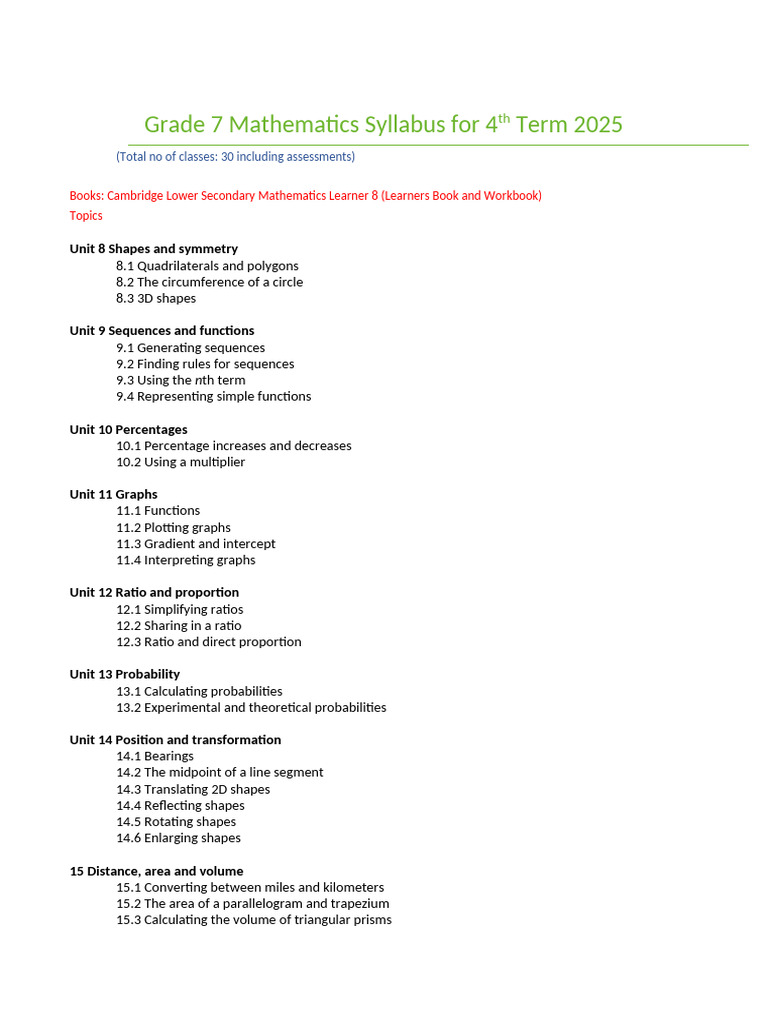 Grade 7 Mathematics Syllabus | PDF