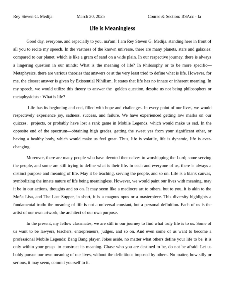 Purcom Speech Meaning of Life v.30 | PDF | Meaning Of Life | Metaphysics