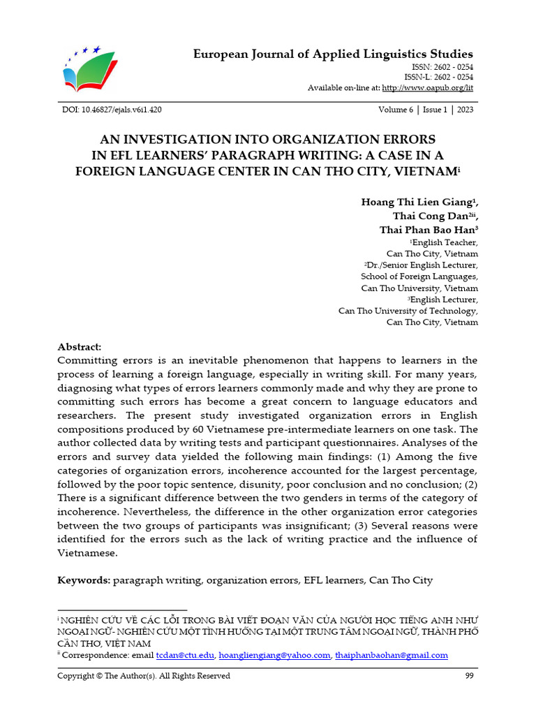 In Efl Learners' Paragraph Writing: A Case: European Journal of Applied ...