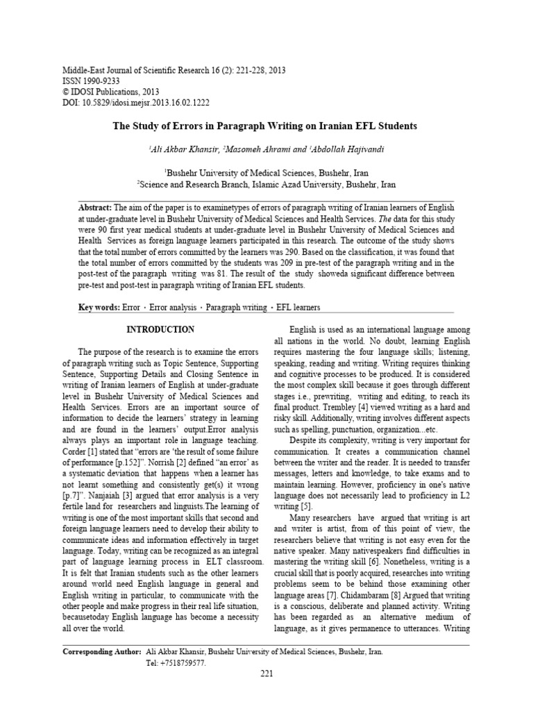 Errors in Paragraph Writing by Iranian EFL Students | PDF | Cognitive ...
