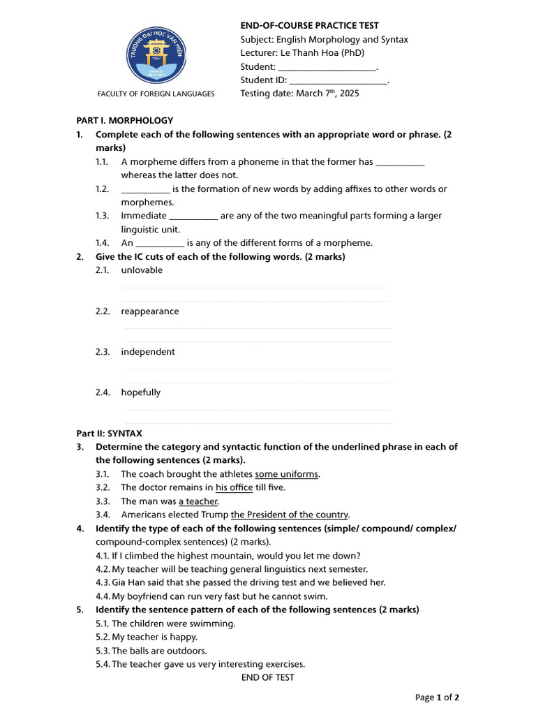 English Morphology and Syntax Test | PDF | Morphology (Linguistics) | Word