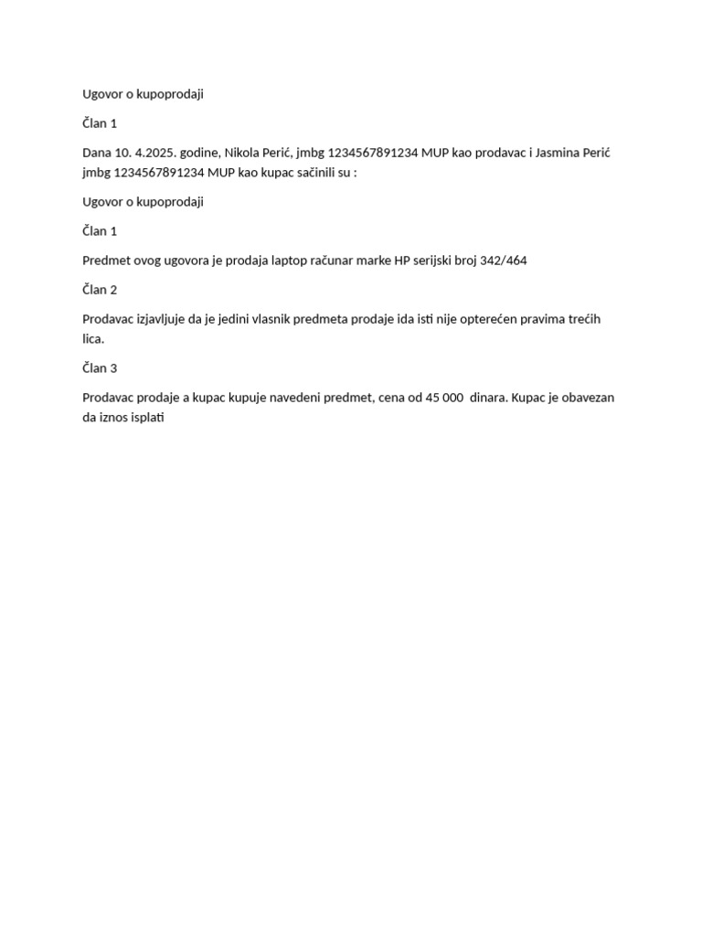 Ugovor o Kupoprodaji | PDF