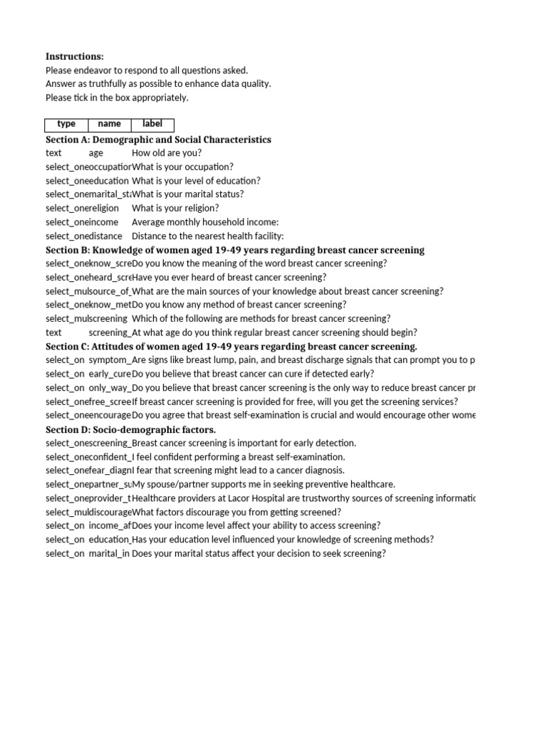 Breast Cancer Screening Questionnaire Updated | PDF | Cancer ...