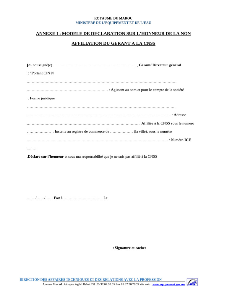 Annexe I Declaration Sur L Honneur de La Non Affiliation A La Cnss | PDF