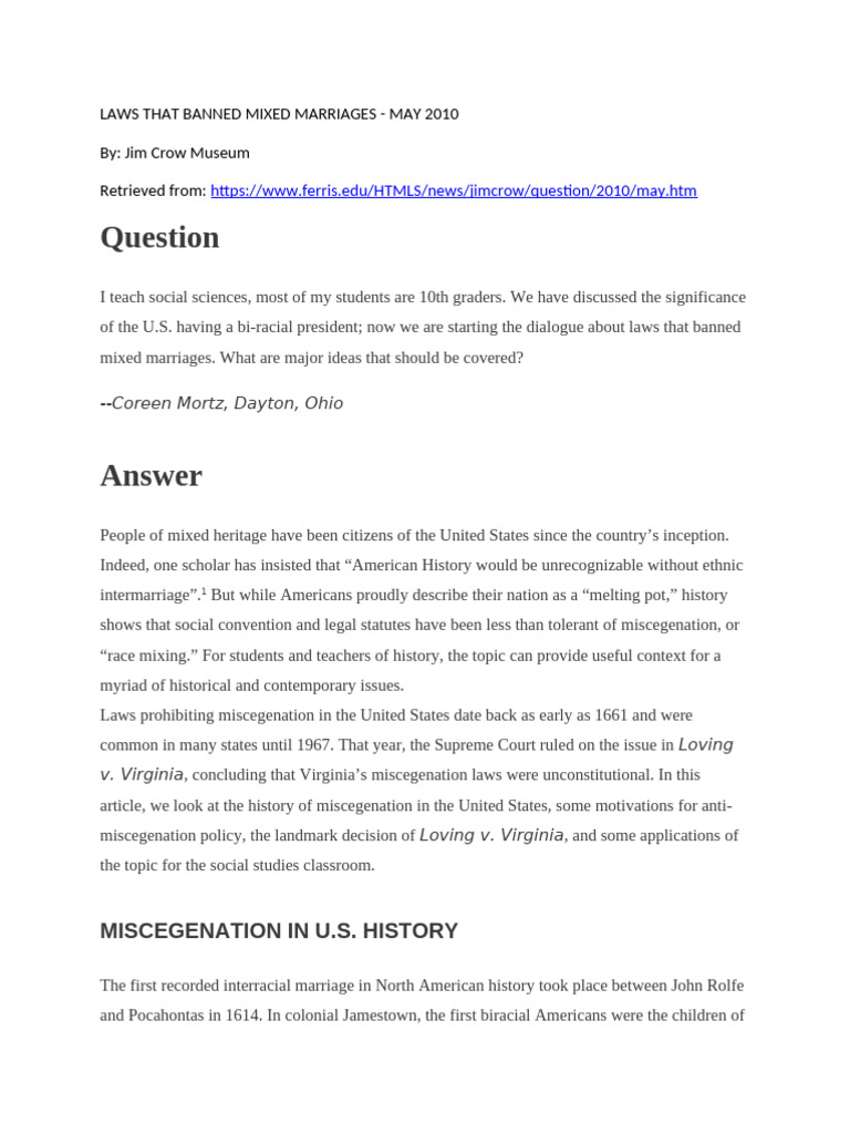 Laws That Banned Mixed Marriages | PDF | Race And Ethnicity In The ...